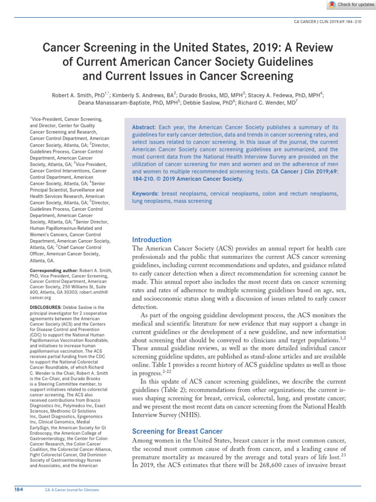 CA A Cancer J Clinicians - 2019 - Smith - Cancer Screening in The ...