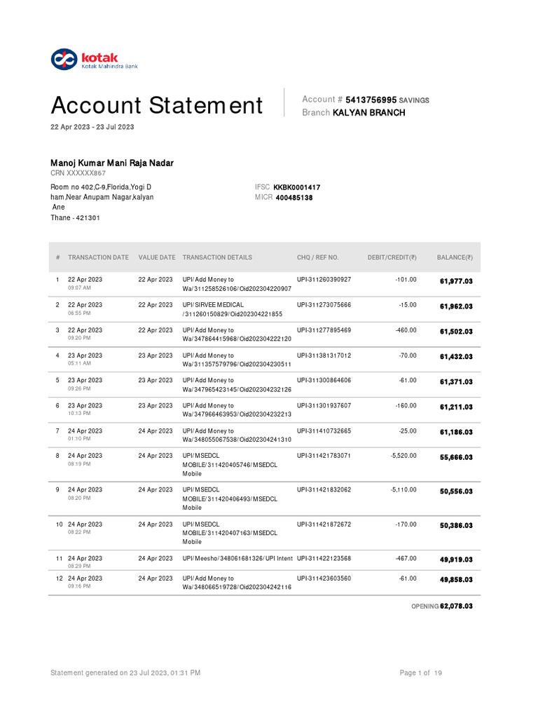 Manoj Kumar Statement | PDF | Debits And Credits | Pay Pal
