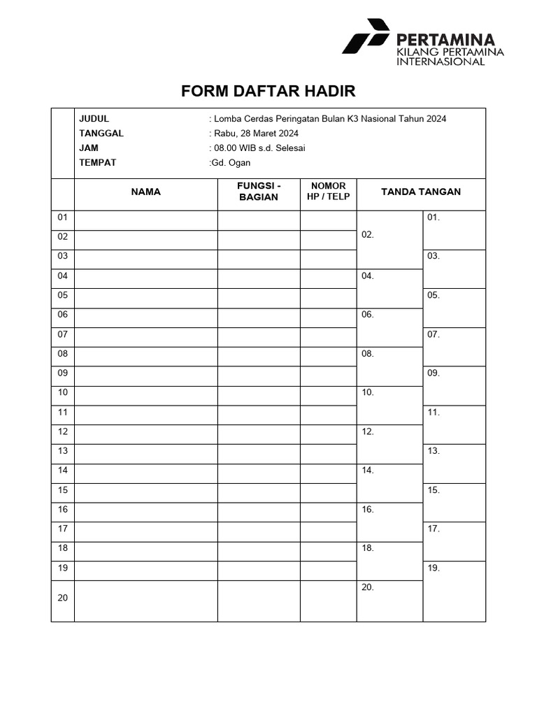 FORM DAFTAR HADIR Gernas k3 | PDF