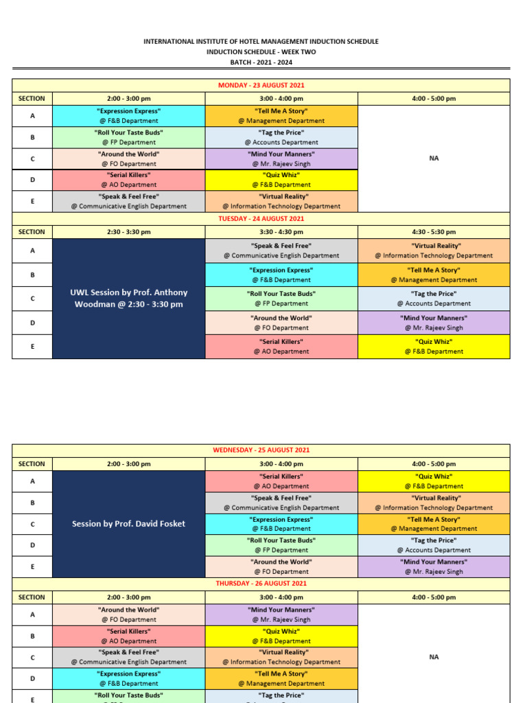 Induction Schedule 2021 - 2024 Week 2 | PDF