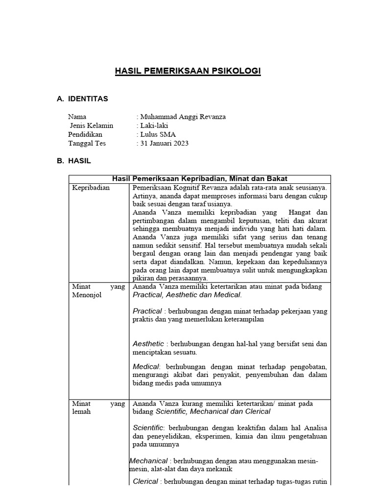 HASIL PEMERIKSAAN PSIKOLOGI Ananda Indah | PDF | Karier & Perkembangan ...