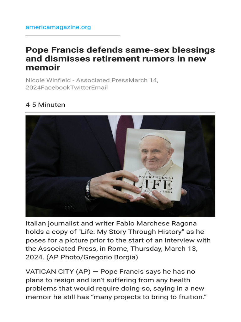 Pope Francis Defends Same-Sex Blessings and Dismisses Retirement Rumors ...