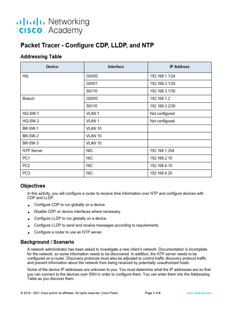 Packet Tracer - Configure CDP, LLDP, and NTP: Addressing Table | PDF | Router (Computing ...