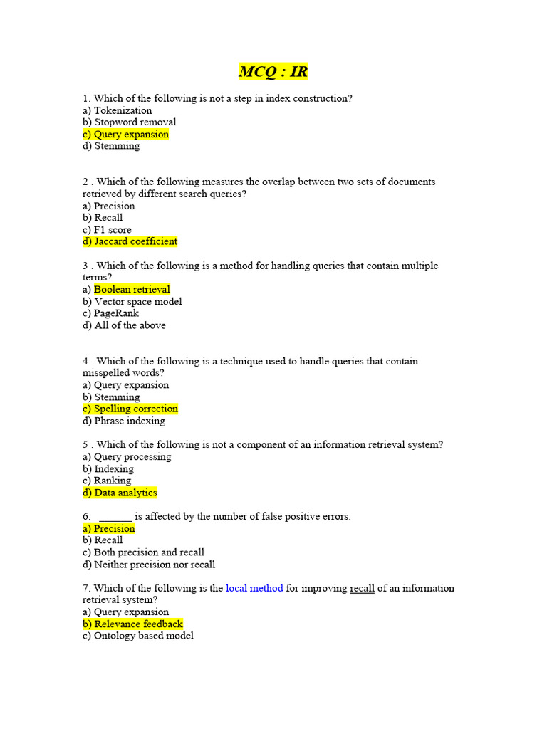 IR MCQ With Answers | PDF | Search Engine Indexing | Information Retrieval