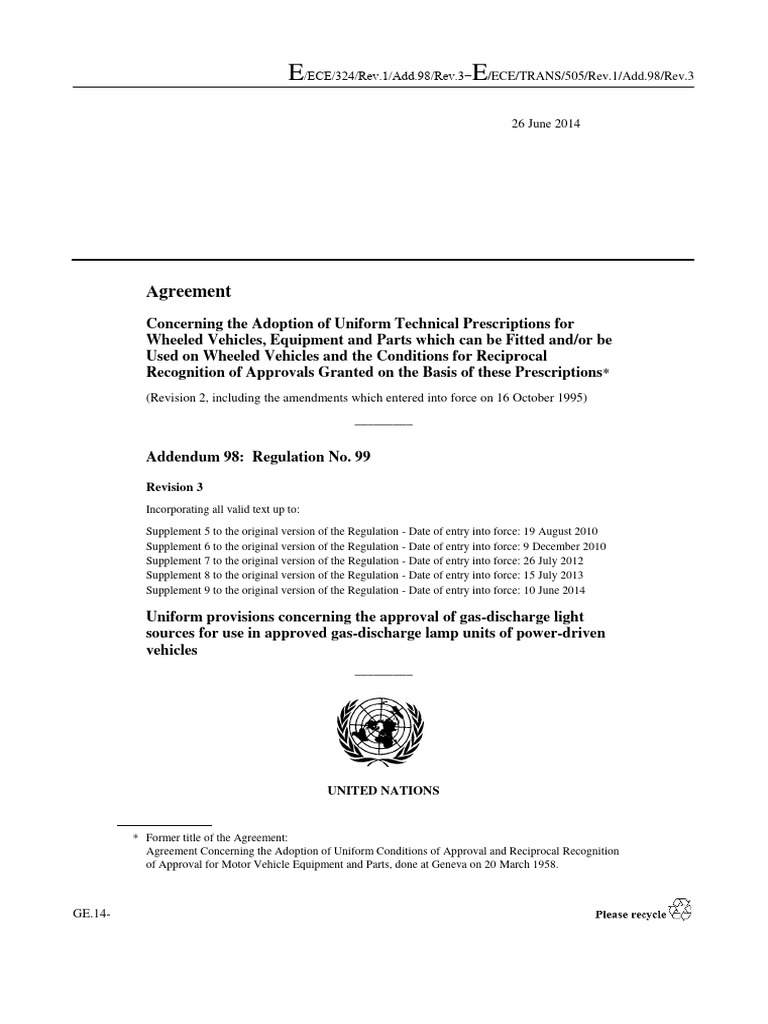 Agreement: /ECE/324/Rev.1/Add.98/Rev.3 /ECE/TRANS/505/Rev.1/Add.98/Rev.3 | PDF | Light ...