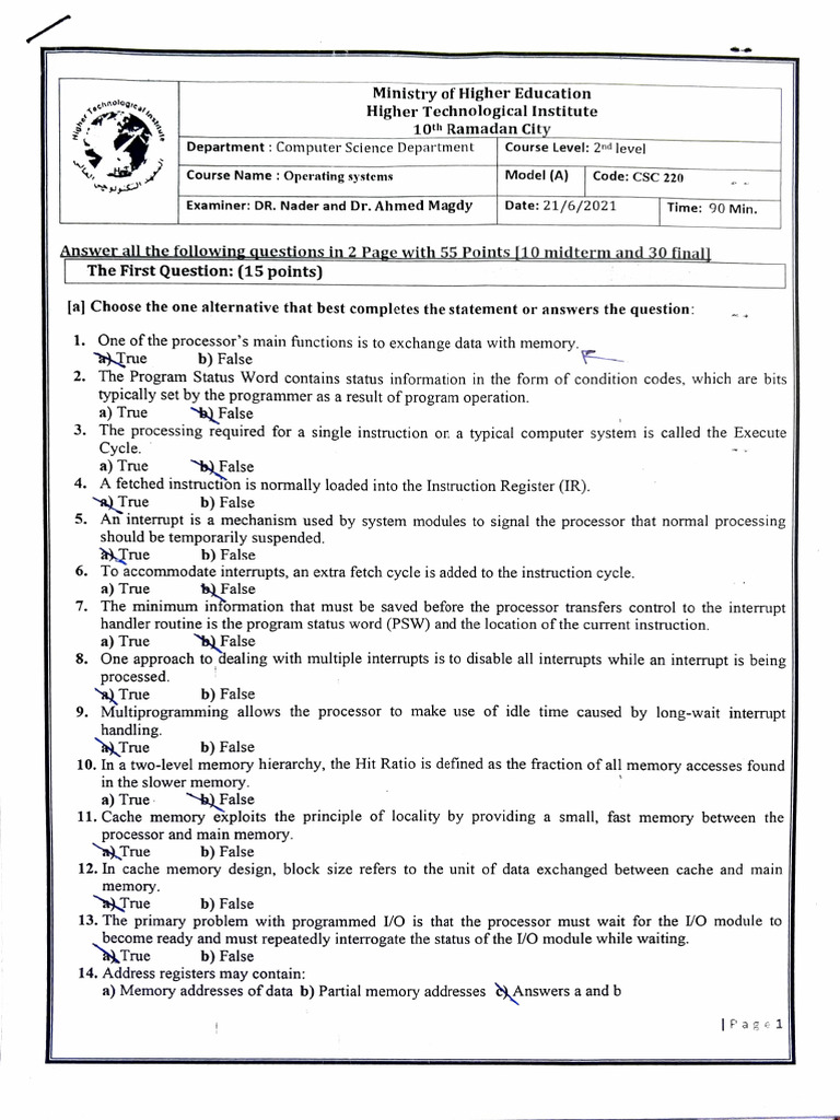 CSC 220 Operating Systems Exam Guide | PDF | Process (Computing ...