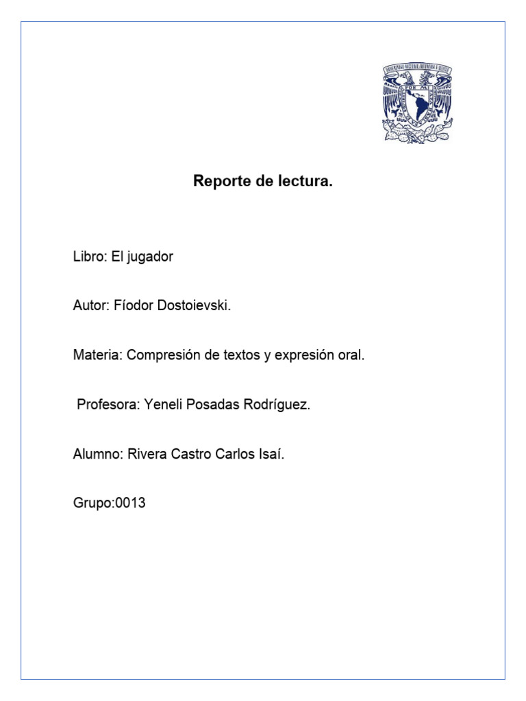 Reporte de Lectura El Jugador | PDF | Clásicos | Ficción general