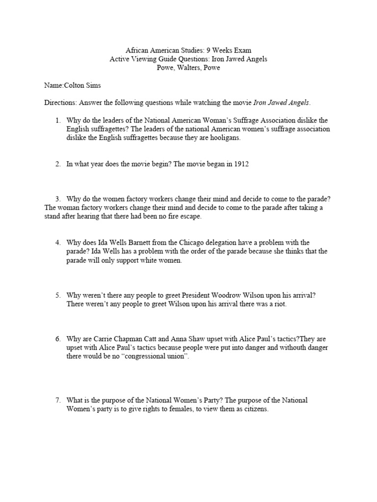 Iron Jawed Angels Viewing Guide | PDF | Women's Suffrage | Politics Of ...