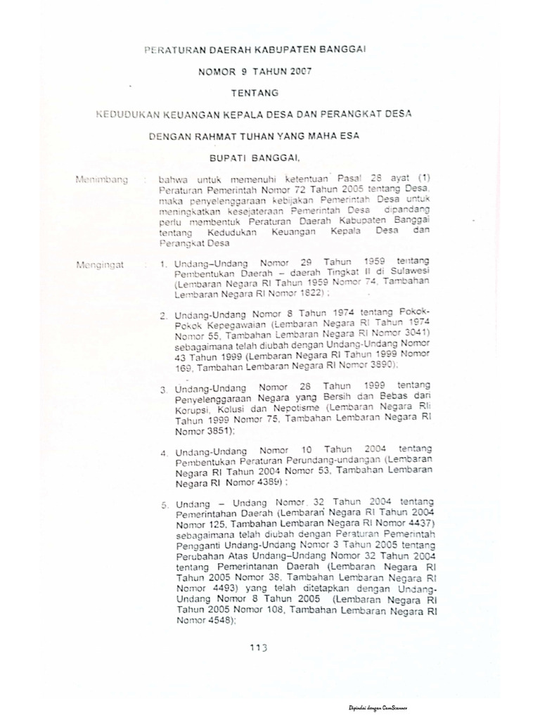 Perda No 9 Tahun 2007 TTG Kedudukan Keuangan Kepala Desa Dan Perangkat Desa | PDF