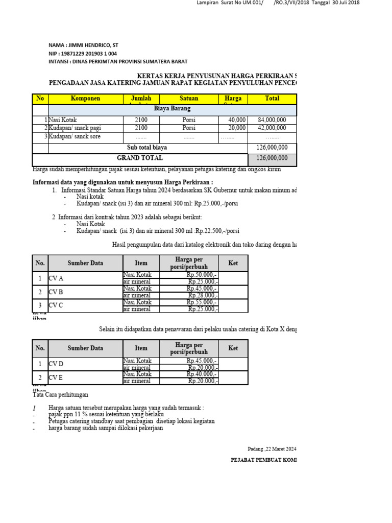 Kertas Kerja HPS Pengadaan Katering | PDF