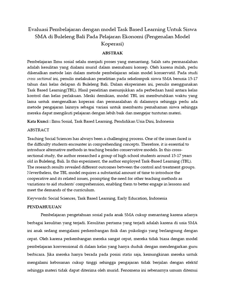 Evaluasi Pembelajaran Dengan Model Task Based Learning Untuk Siswa SMA ...