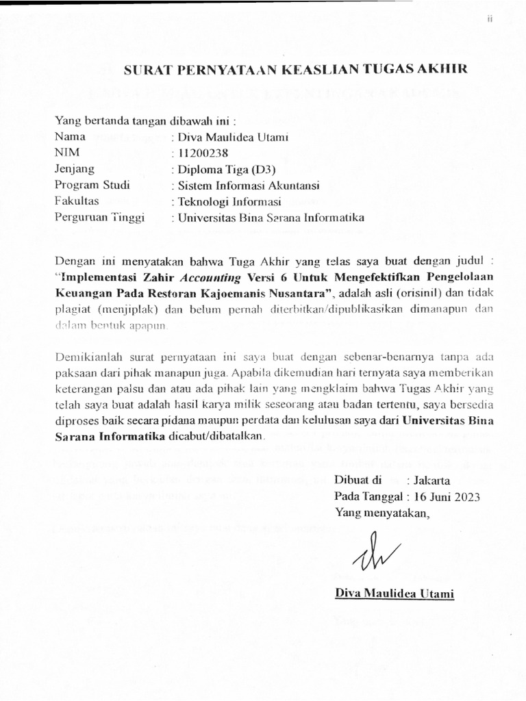 Surat Pernyataan Keaslian Tugas Akhir | PDF