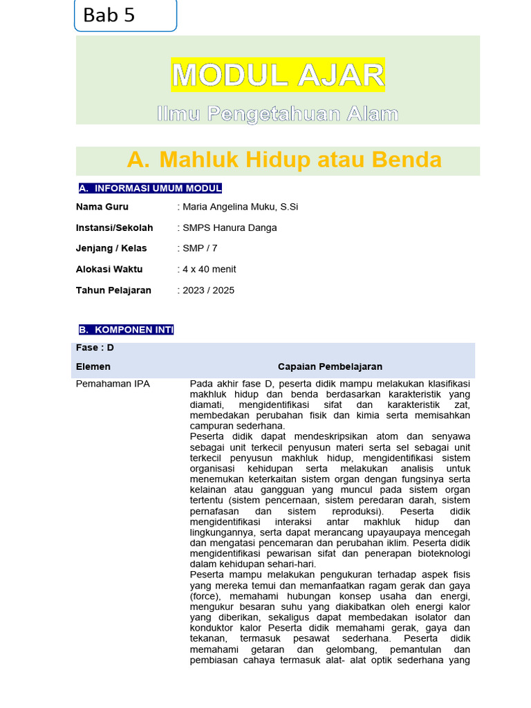 MA Bab 5 Klasifikasi Mahluk Hidup - A. Mahluk Hidup Atau Benda Mati | PDF