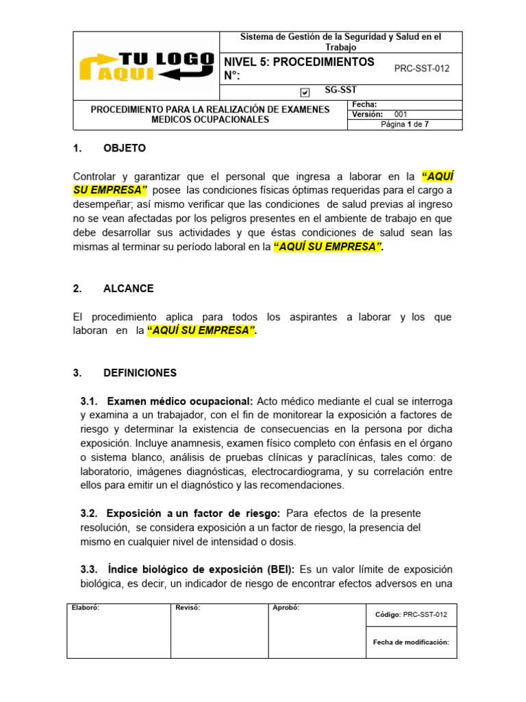 PRC-SST-012 Procedimiento para La Realización de Examenes Medicos ... PRC-SST-012 Procedimiento para La Realización de Examenes Medicos ...