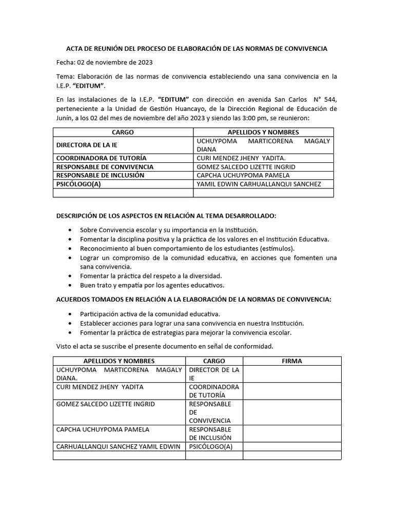 Acta de Normas de Convivencia Escolar | PDF