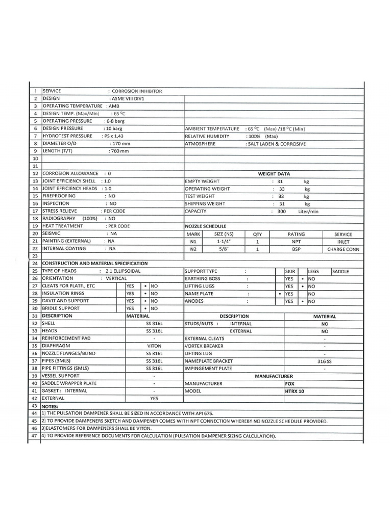 Pulsation Dampener Datasheet | PDF