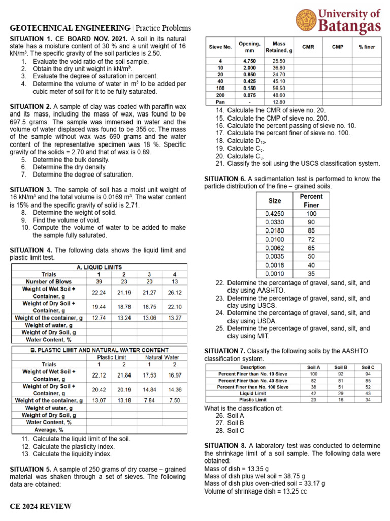 Geotechnical Engineering Practice Problems | PDF | Soil Mechanics | Deep Foundation