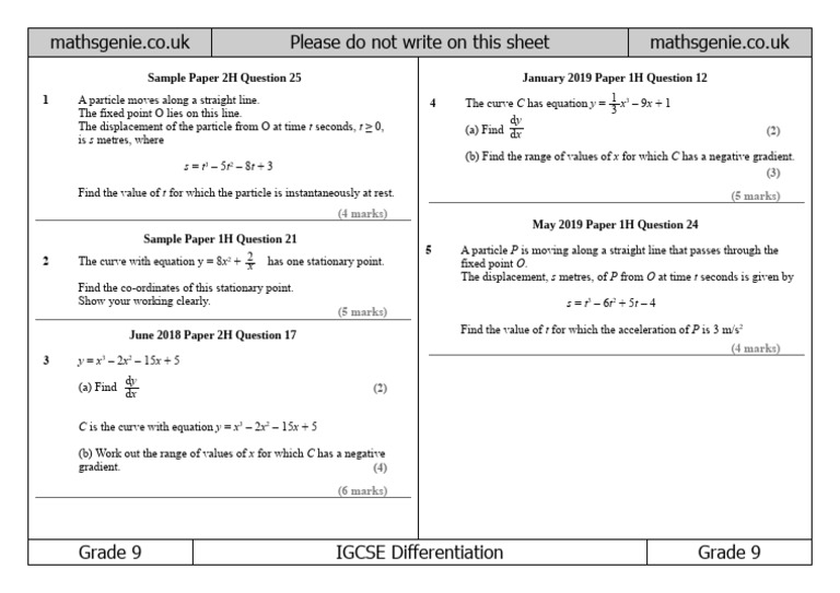 9 Igcse Differentiation Ws | PDF | Equations | Physics