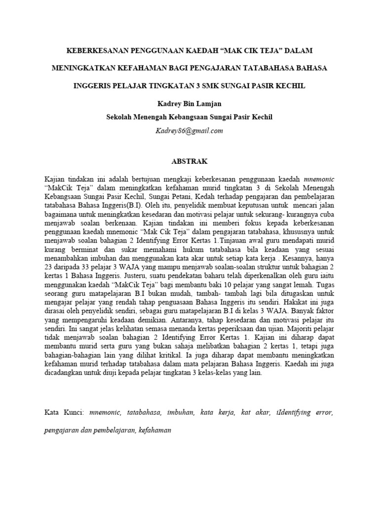 Abstrak KEBERKESANAN PENGGUNAAN KAEDAH MakCik Teja | PDF