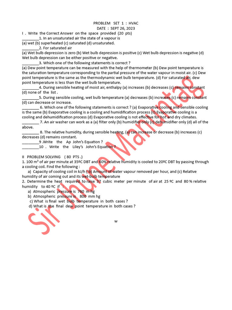 Hvac Prob Set 1 T TH | PDF | Humidity | Scientific Phenomena