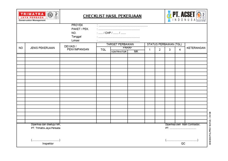 QMS - dcp.FML-PRO.02 - Checklist Hasil Pekerjaan - 150307 | PDF