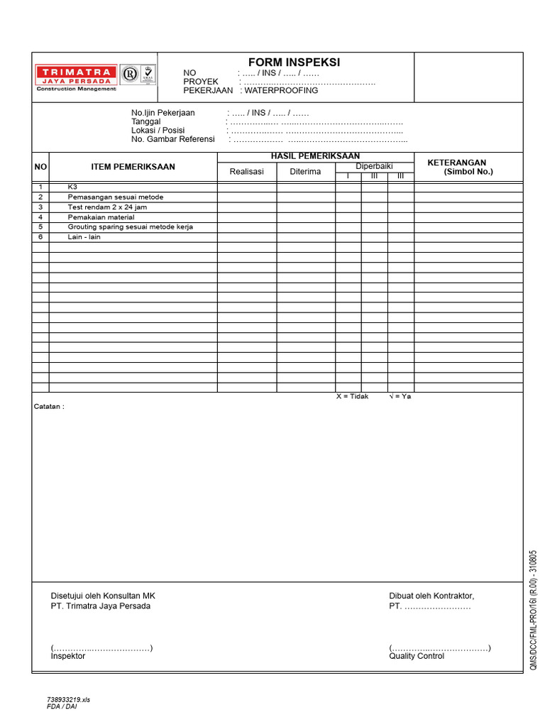 Form Inspeksi Waterproofing | PDF