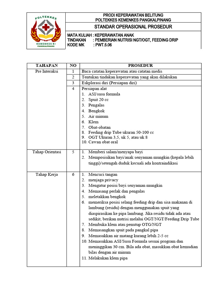 SOP Pemberian Nutrisi NGT/OGT Anak | PDF | Pengembangan Diri