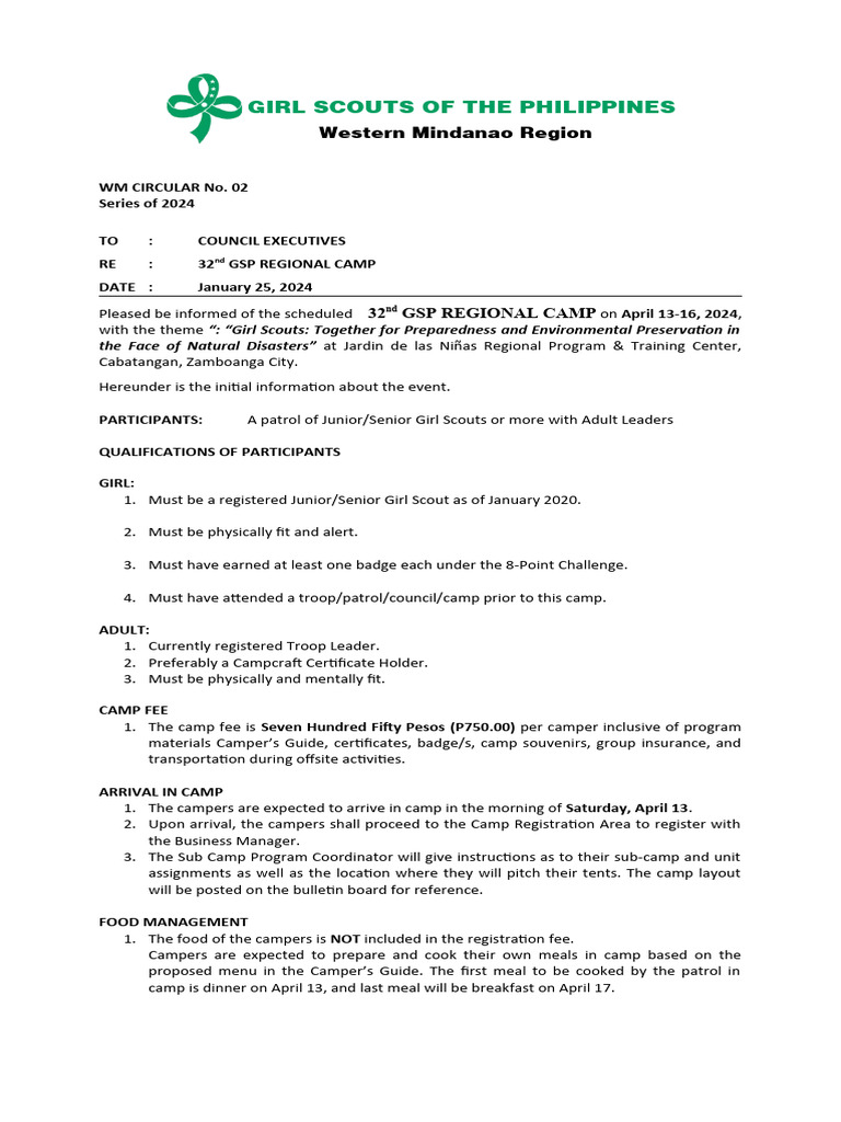 32nd-REGIONAL-CAMP-CIRCULAR - GSP | PDF | Camping | Meal