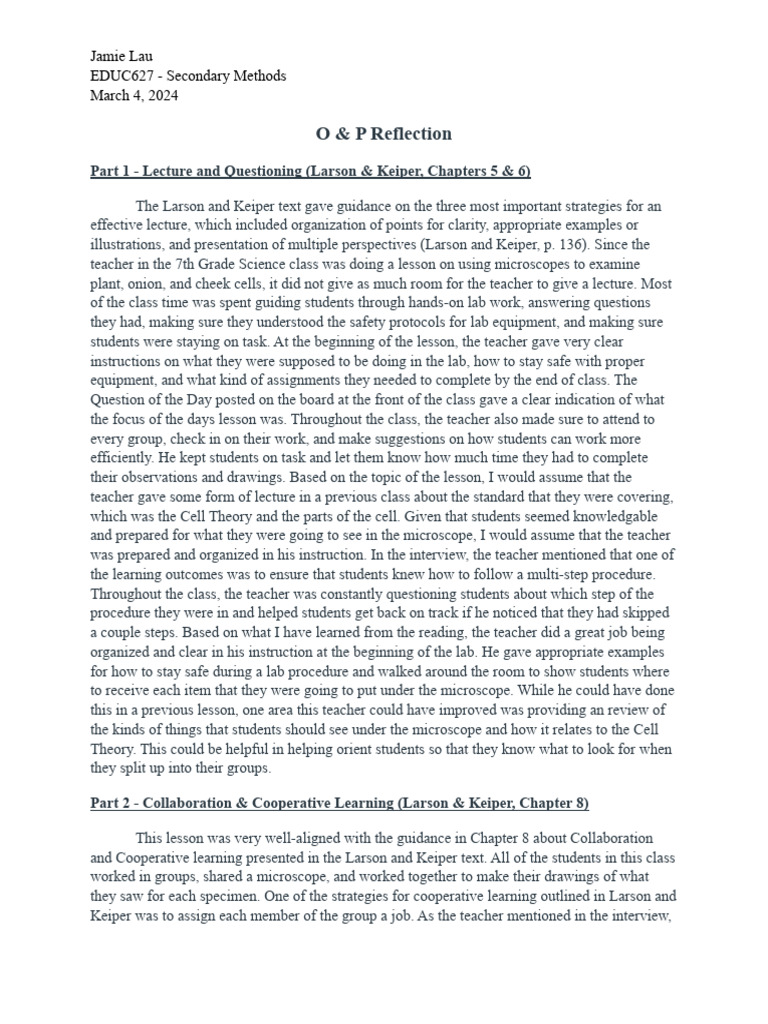 O P Reflection | PDF | Teachers | Learning