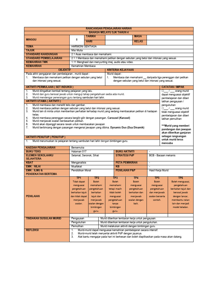 RPH Minggu 8 BM SJK THN 4 2024 by Cikgu Gorgeous | PDF
