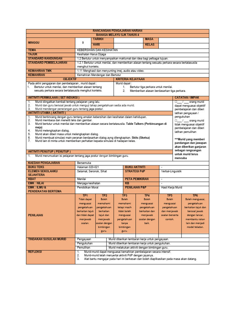RPH Minggu 9 BM SJK THN 4 2024 by Cikgu Gorgeous | PDF | Karier & Perkembangan | Pengembangan Diri