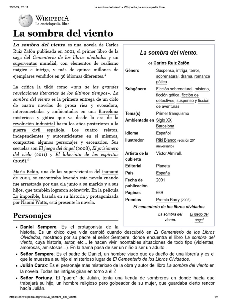 La Sombra Del Viento - Wikipedia, La Enciclopedia Libre | PDF | Novelas ...
