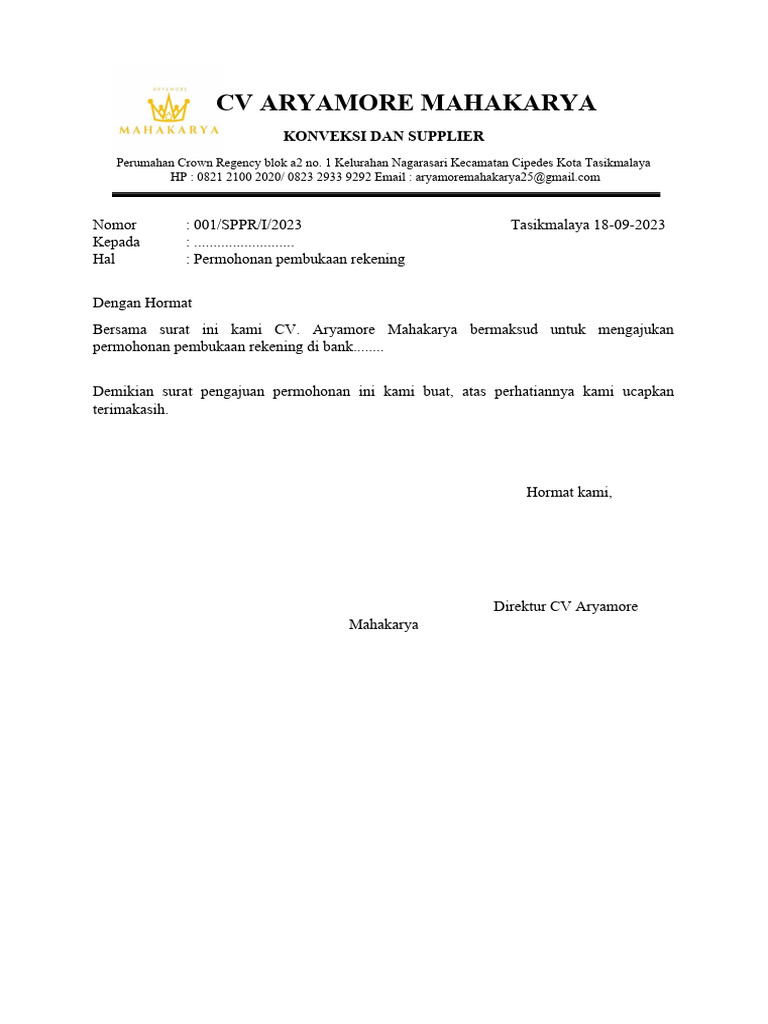 Surat Permohonan Buka Rekening CV | PDF