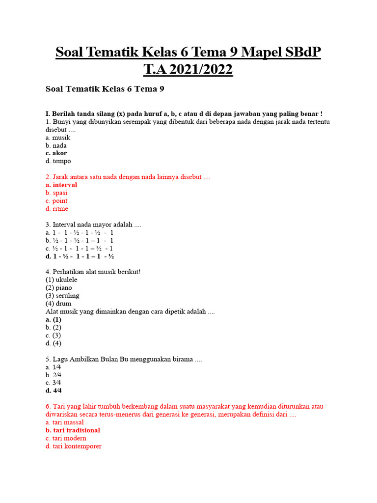Soal Tematik Kelas 6 Tema 9 Mapel SBDP | PDF