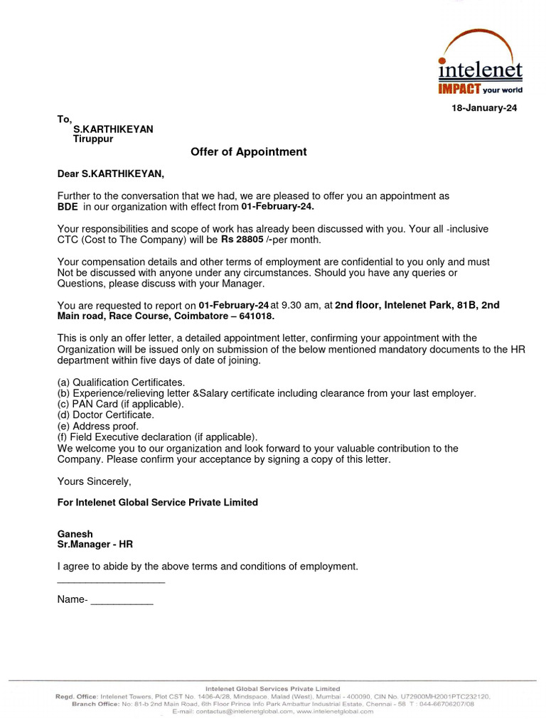 Offer Letter-Intelenet | PDF | Employment | Salary