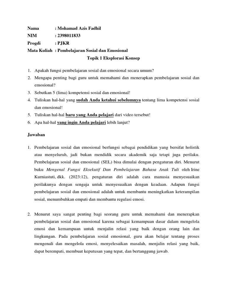 Topik 1 Pembelajaran Sosial Emosional - Eksplorasi Konsep - Mohamad Azis Fadhil | PDF