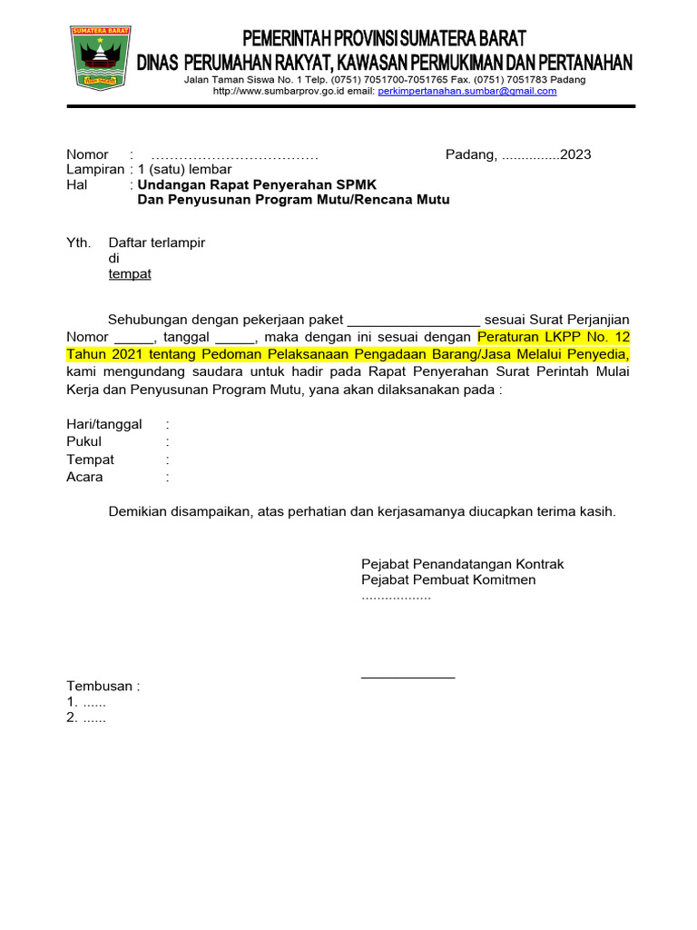 Surat Undangan Rapat SPMK Dan Penyusunan Rencana Mutu PK | PDF