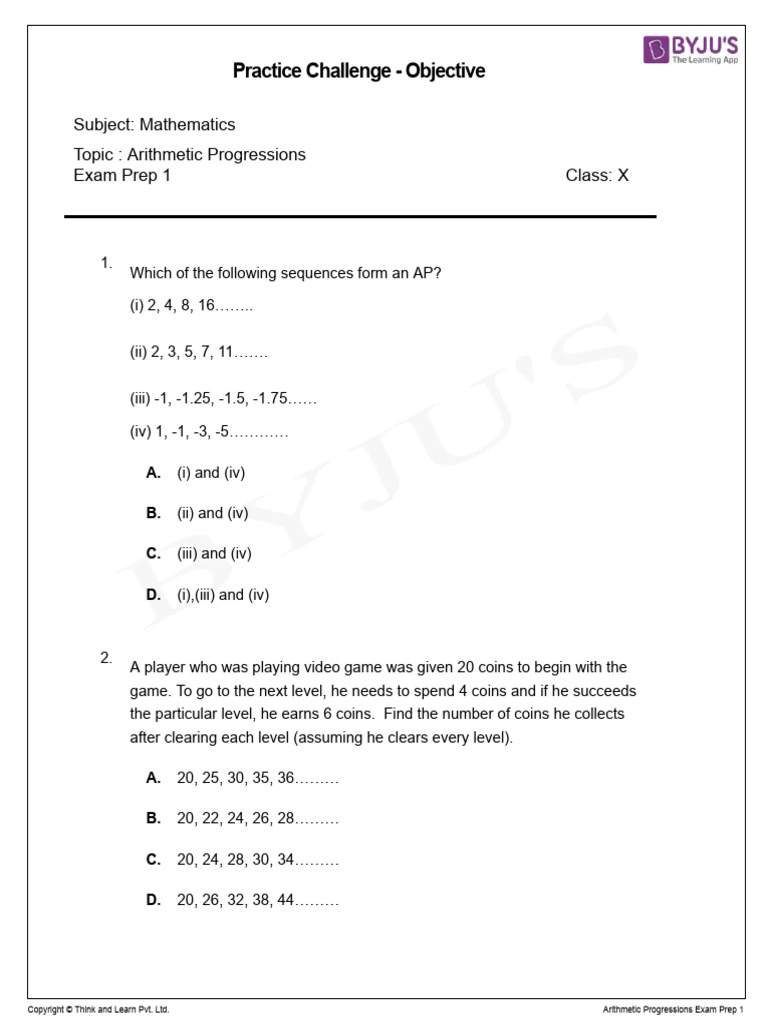 CBSE Class 10 Term 2 Arithmetic Progressions MCQ. | PDF | Area | Mathematics
