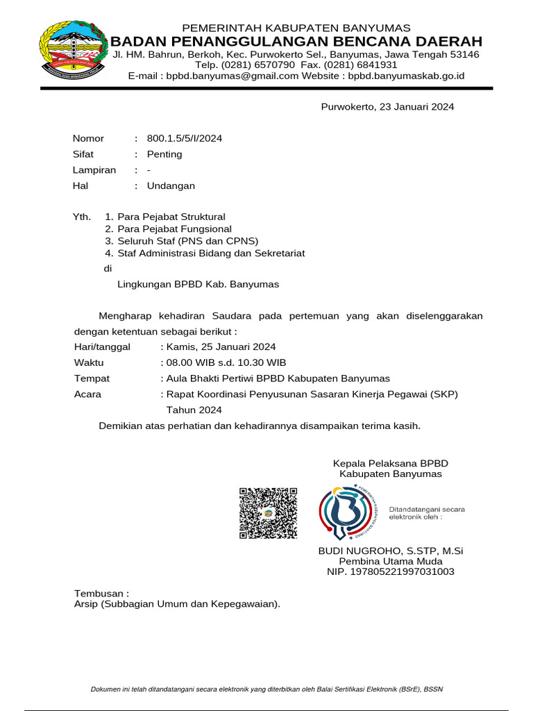 Undangan Rapat Koordinasi Penyusunan Sasaran Kinerja Pegawai (SKP) Tahun 2024 | PDF