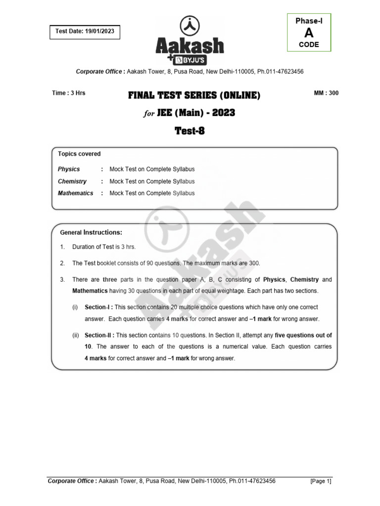 FTS - Test-8 - (Code-A) - JEE (Main) - 2023 (19-01-2023) Que. | PDF ...