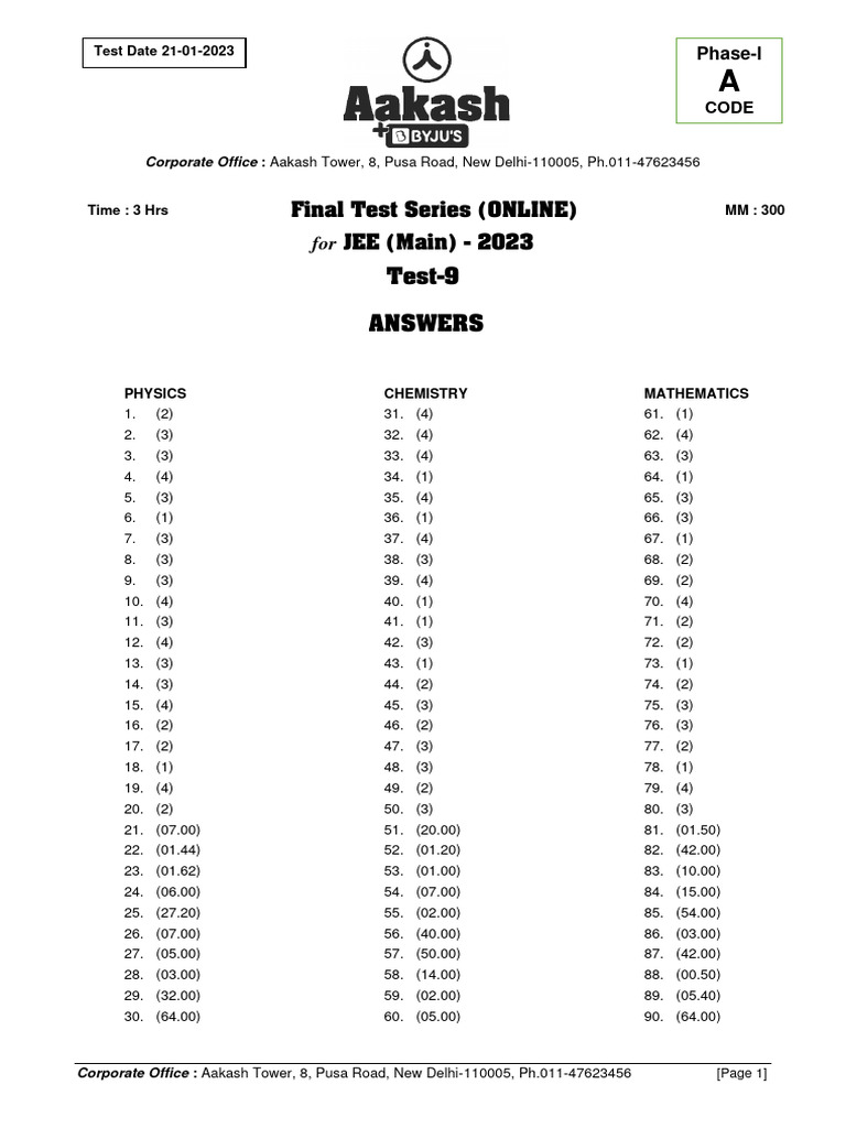FTS - Test-9 - Phase-I - (Code-A) - JEE (Main) - 2023 (21-01-2023 ...