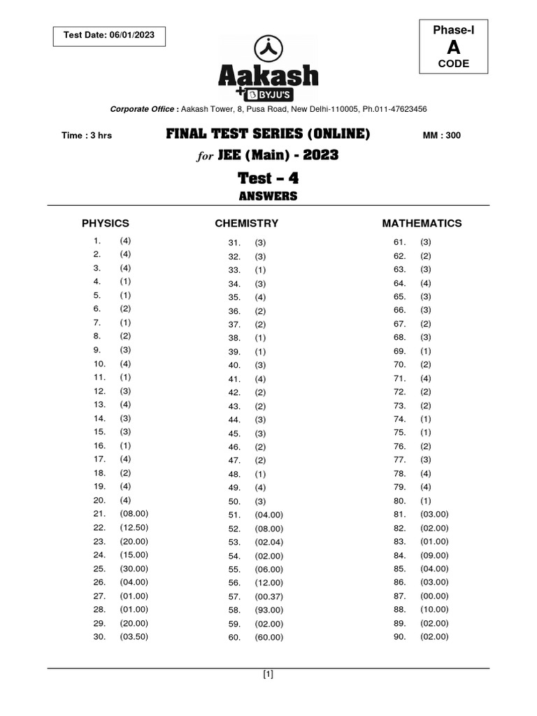 FTS-4 - JEE (Main) - Phase-1 - 06-01-2023 - Sol | PDF | Chemistry ... FTS-4 - JEE (Main) - Phase-1 - 06-01-2023 - Sol | PDF | Chemistry ...