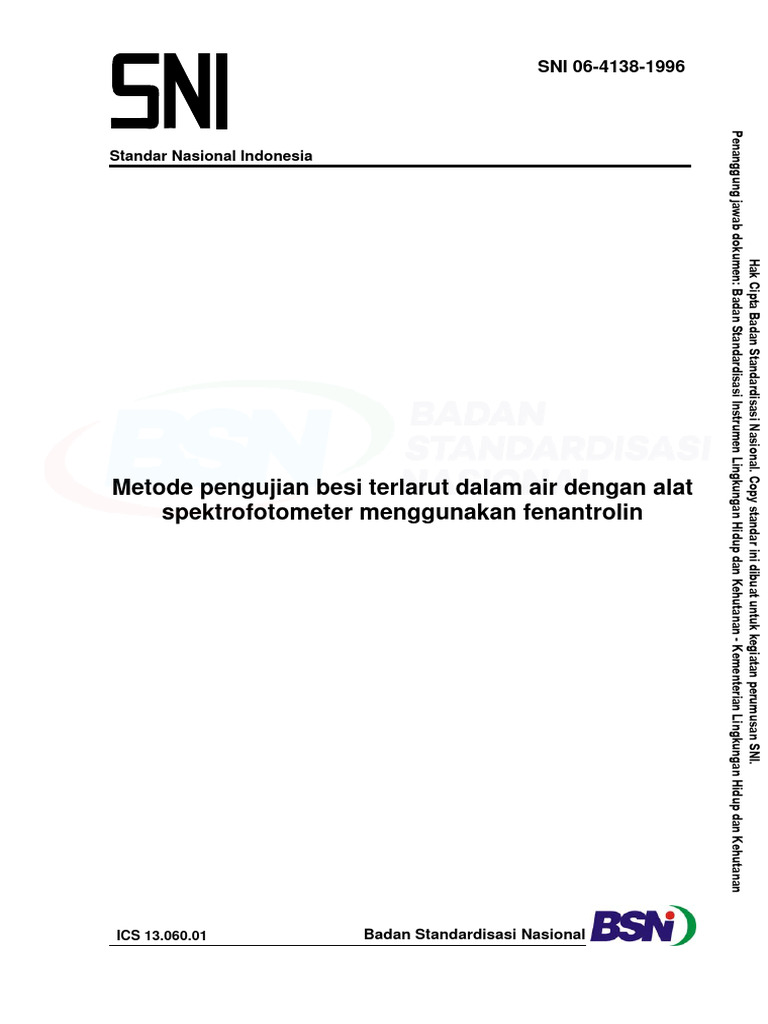 SNI 06 4138 1996 Metode Pengujian Besi Terlarut Dalam Air Dengan Alat Spektrofotometer ...