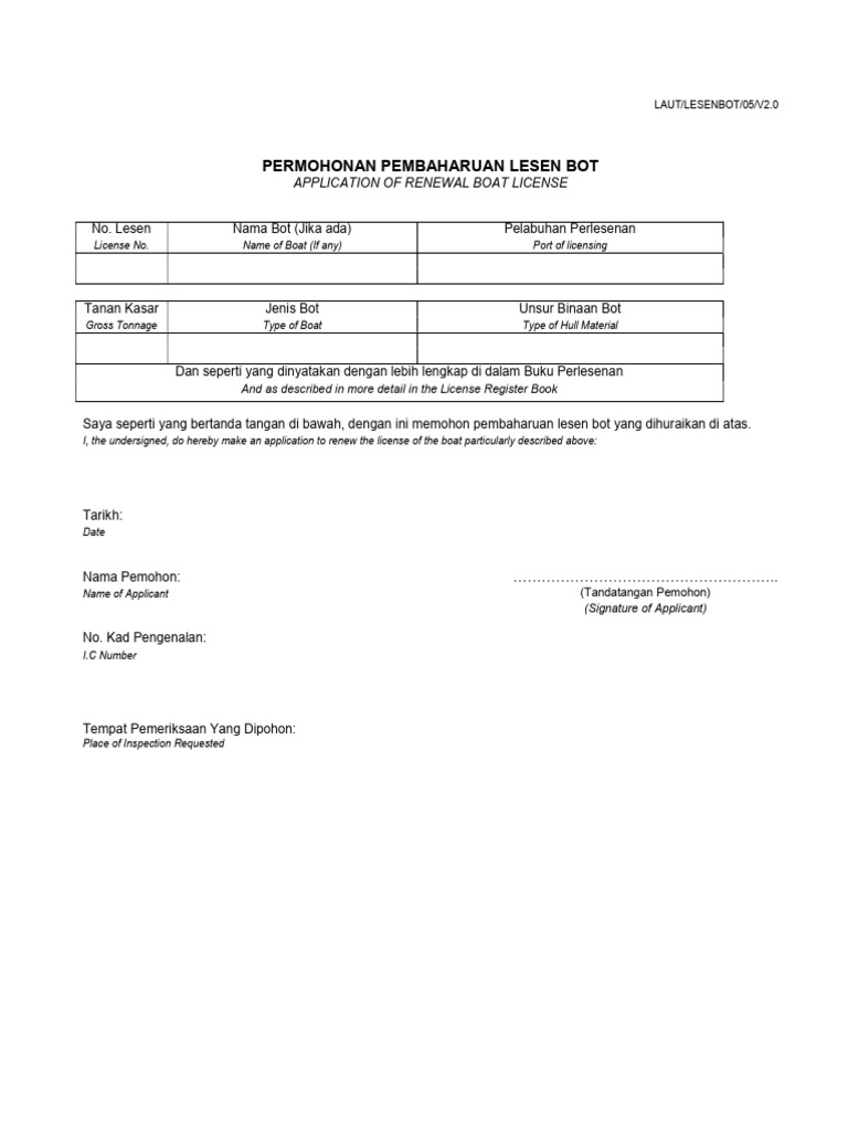 8 Borang Permohonan Pembaharuan Lesen Bot Renewal | PDF