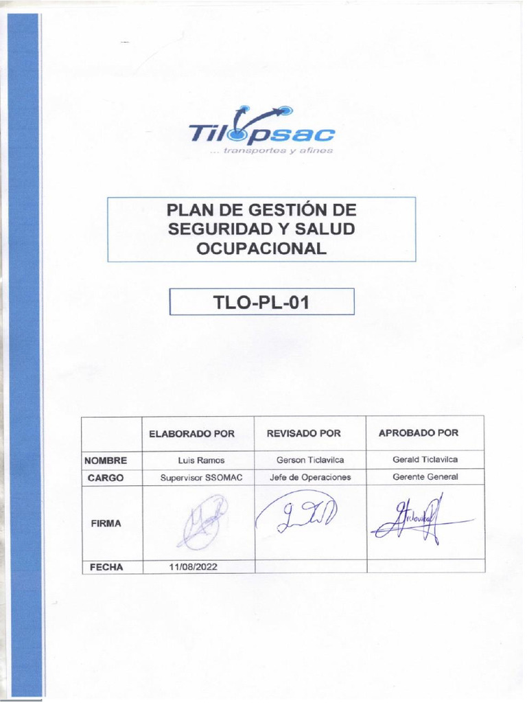 TLO-PL-02 Plan de Gestión de SSO | Descargar gratis PDF | Seguridad y salud ocupacional | Riesgo