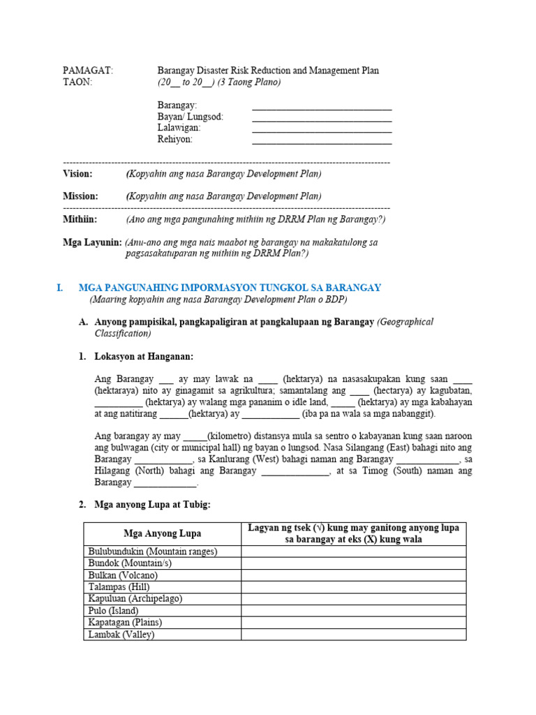 BDRRM Plan Template Filipino | PDF