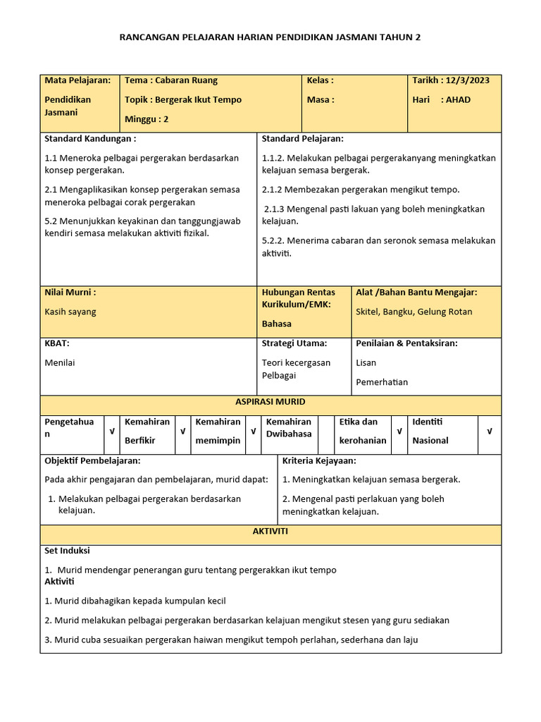 RPH PJ TAHUN 2 2023 M2 at ARAS | PDF