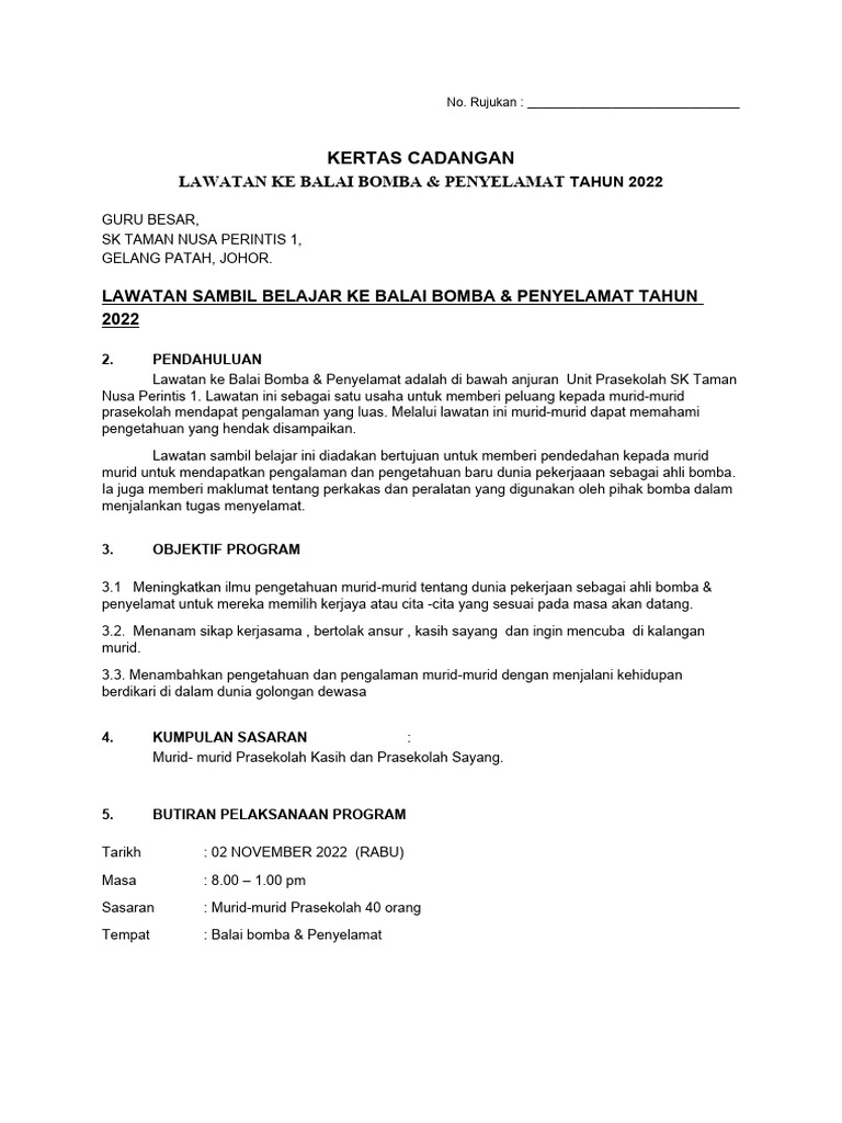Kertas Kerja Lawatan Ke Balai Bomba 2022 | PDF