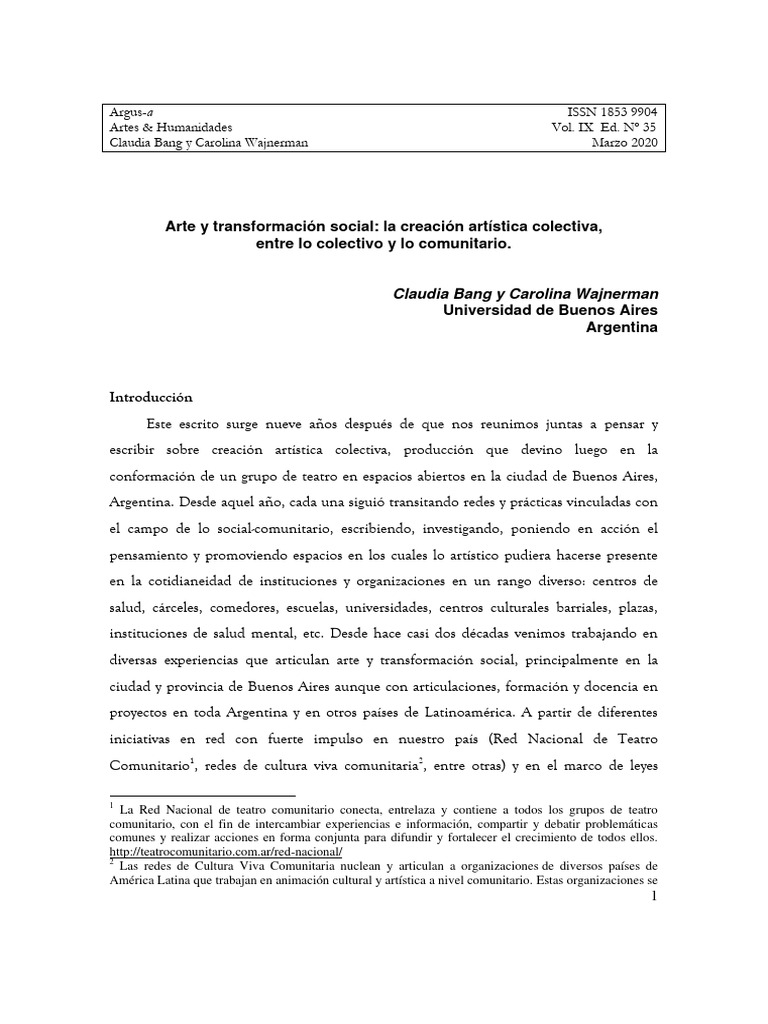 Arte y Transformación Social La Creación Artística Colectiva, Entre Lo Colectivo y Lo ...