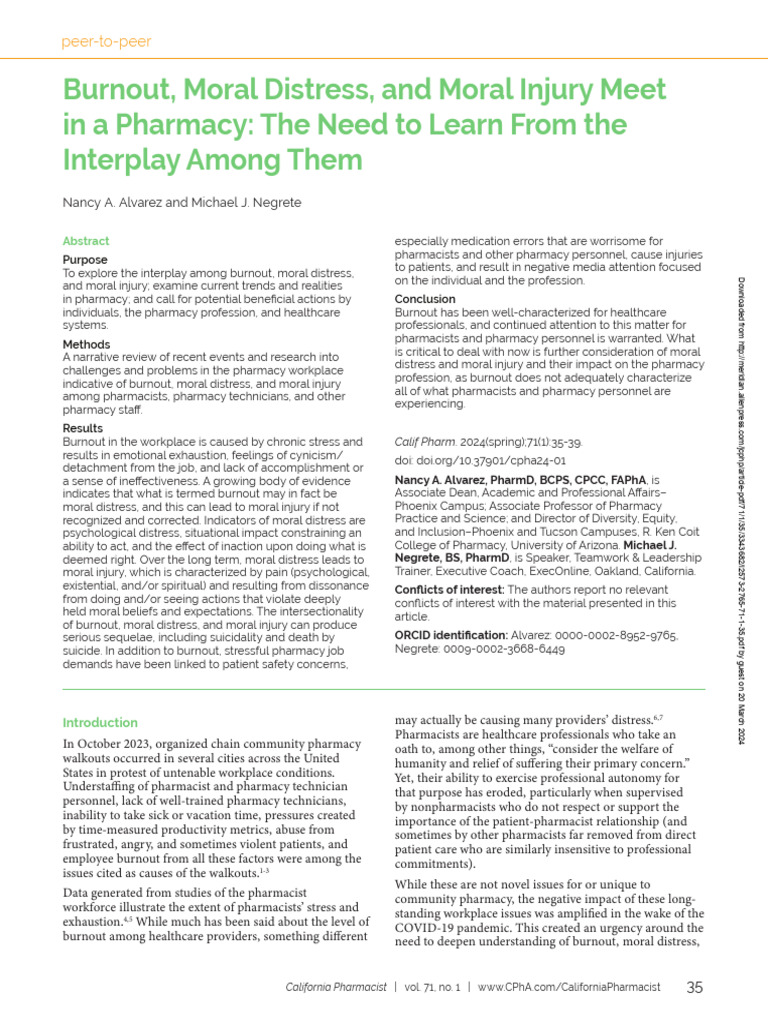 Burnout, Moral Distress, and Moral Injury Meet in A Pharmacy: The Need ...